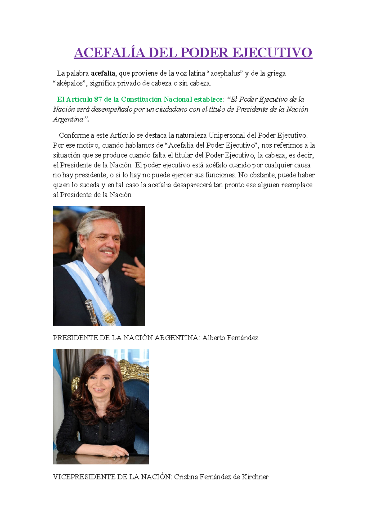 Acefalía DEL Poder Ejecutivo - ACEFALÍA DEL PODER EJECUTIVO La palabra acefalía, que proviene de ...