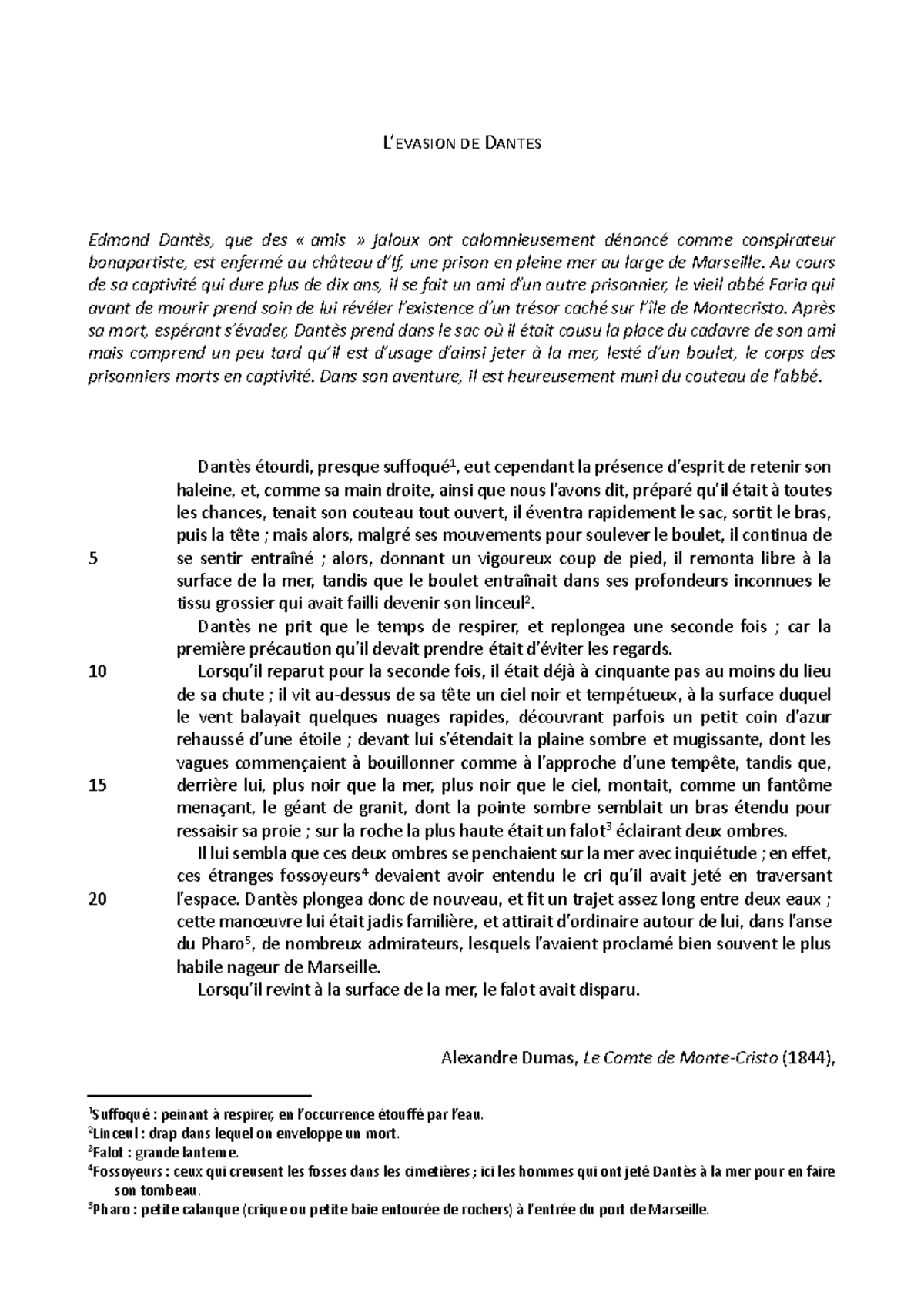 L'évasion de Dantès dans Le Comte de Monte-Cristo - Texte vierge - Studocu
