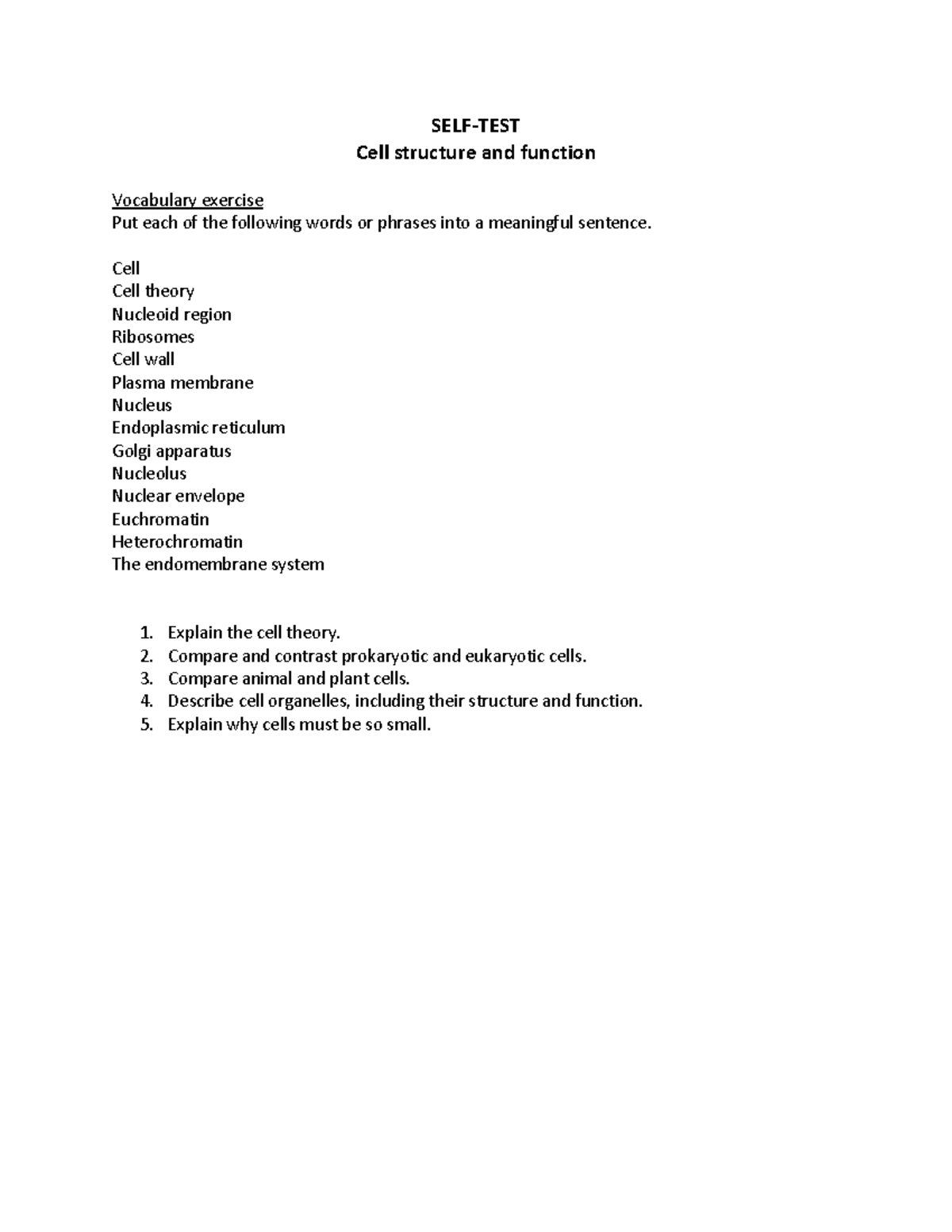 Cell Structure and Function: Self-Test and Vocabulary Exercise - SELF ...