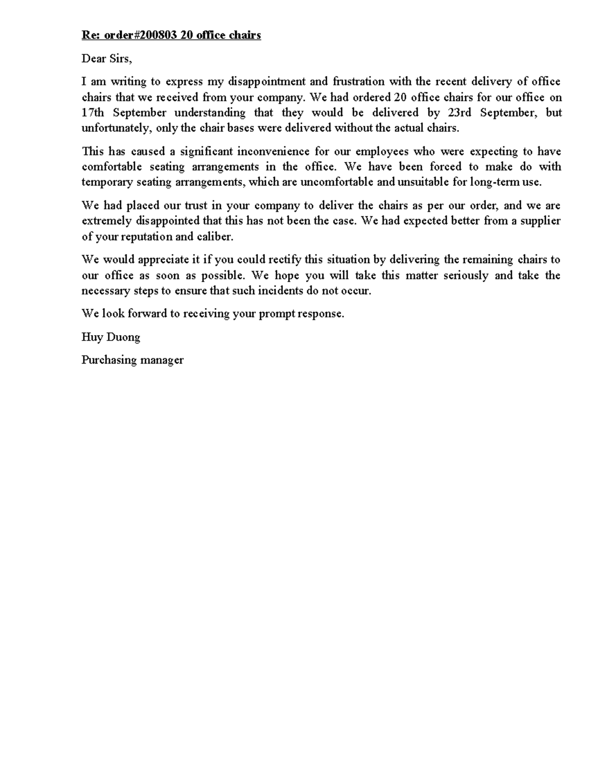 Writing complant - Hay hơn nha - Re: order#200803 20 office chairs Dear ...