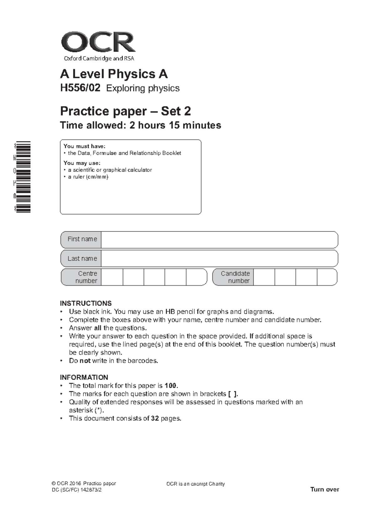 H556/02 A Level Physics Practice Paper - Set 2 Instructions and ...