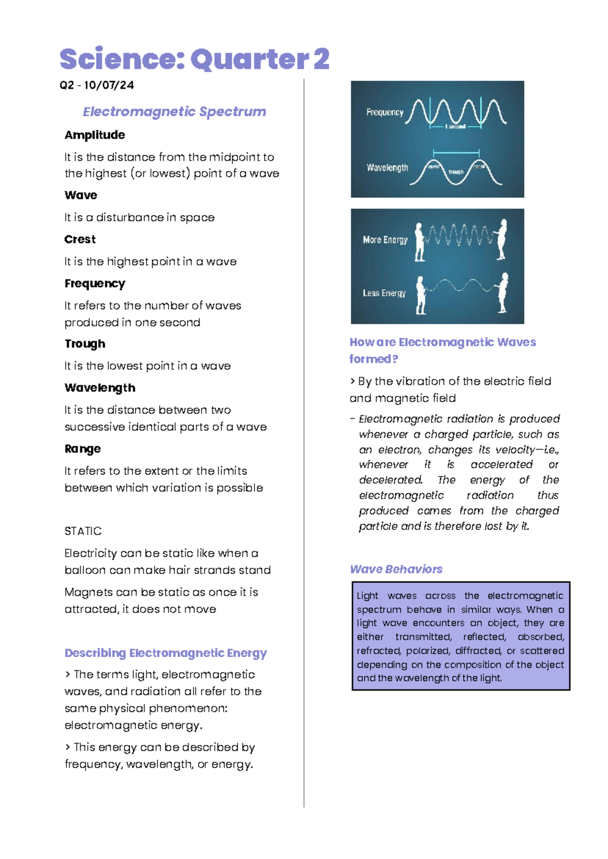Science Q2: Electromagnetic Spectrum & Wave Behaviors Notes - Studocu