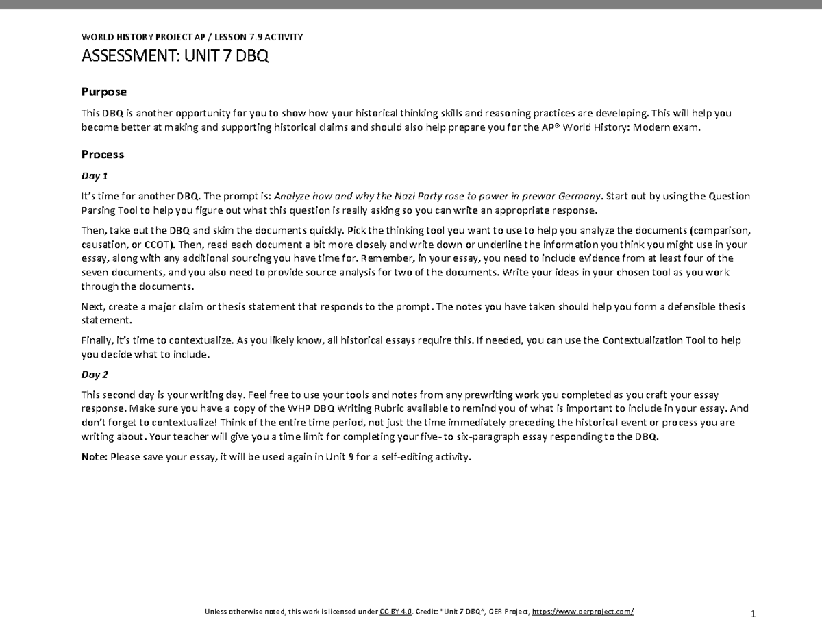 WORLD HISTORY PROJECT AP LESSON 7.9 UNIT 7 DBQ: Nazi Party Rise in ...