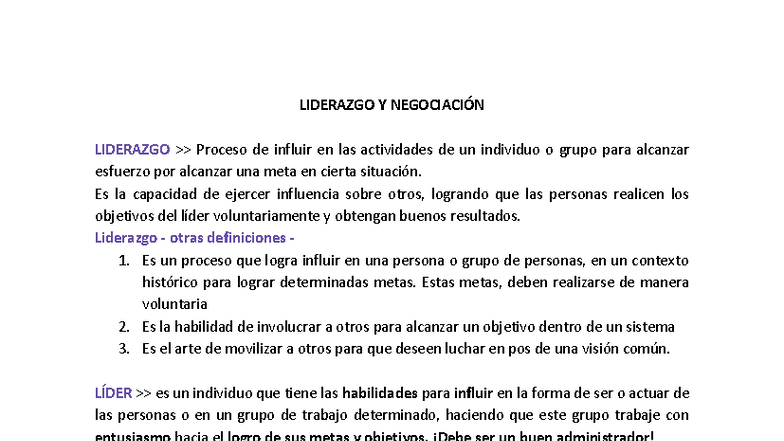 Resumen de Liderazgo y Negociación - Primer Parcial FP - Studocu