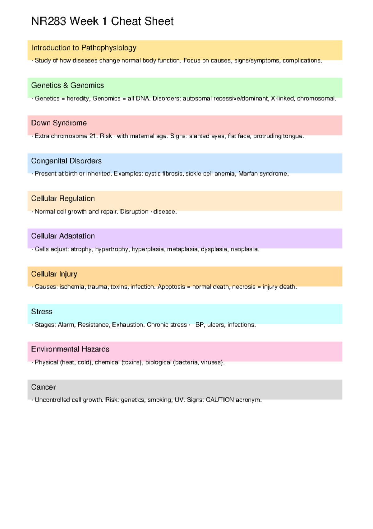 NR283 Week 1 Cheat Sheet: Intro to Pathophysiology Concepts - Studocu