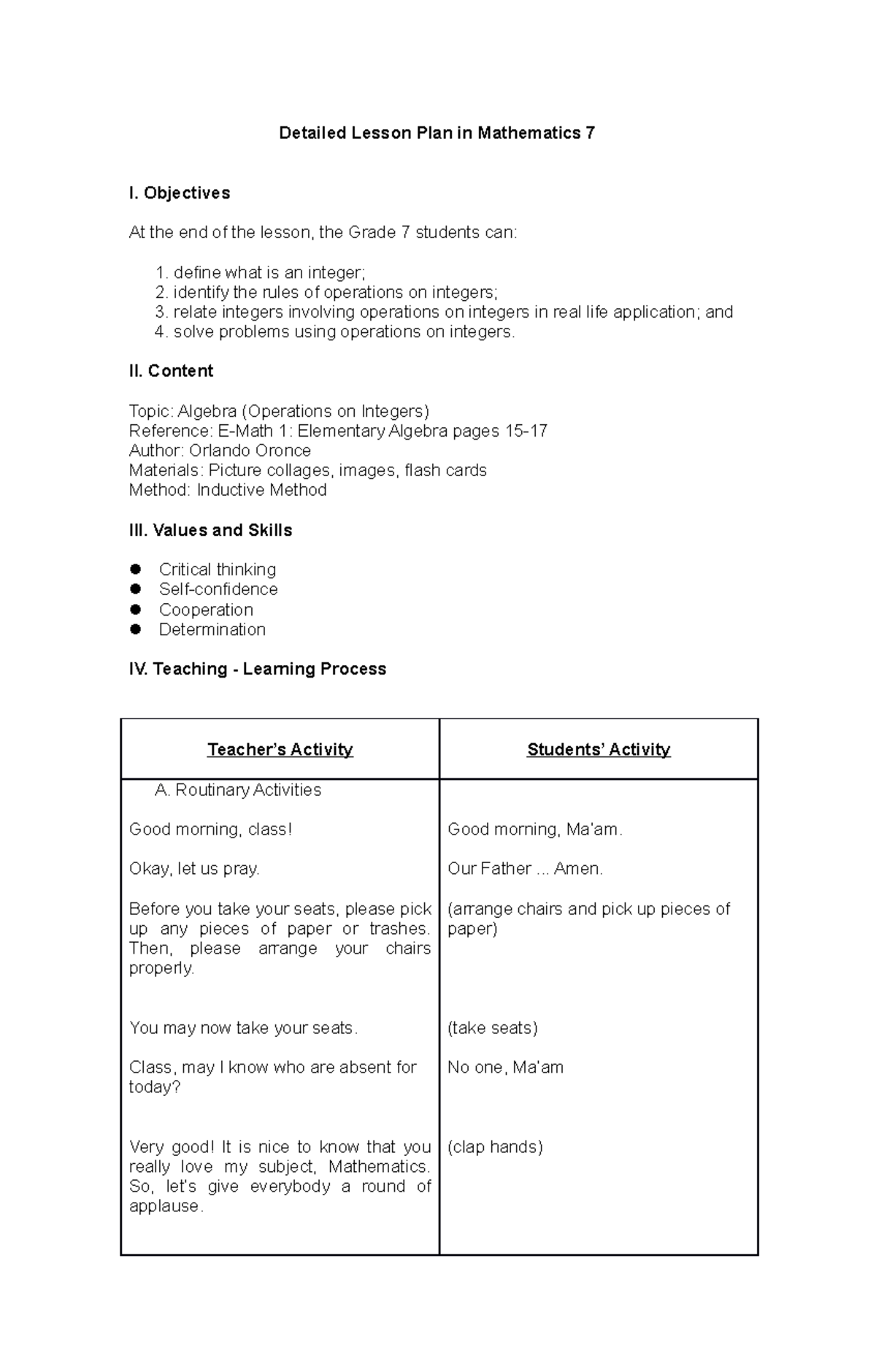 Detailed Lesson Plan in Mathematics 7 - Objectives At the end of the ...