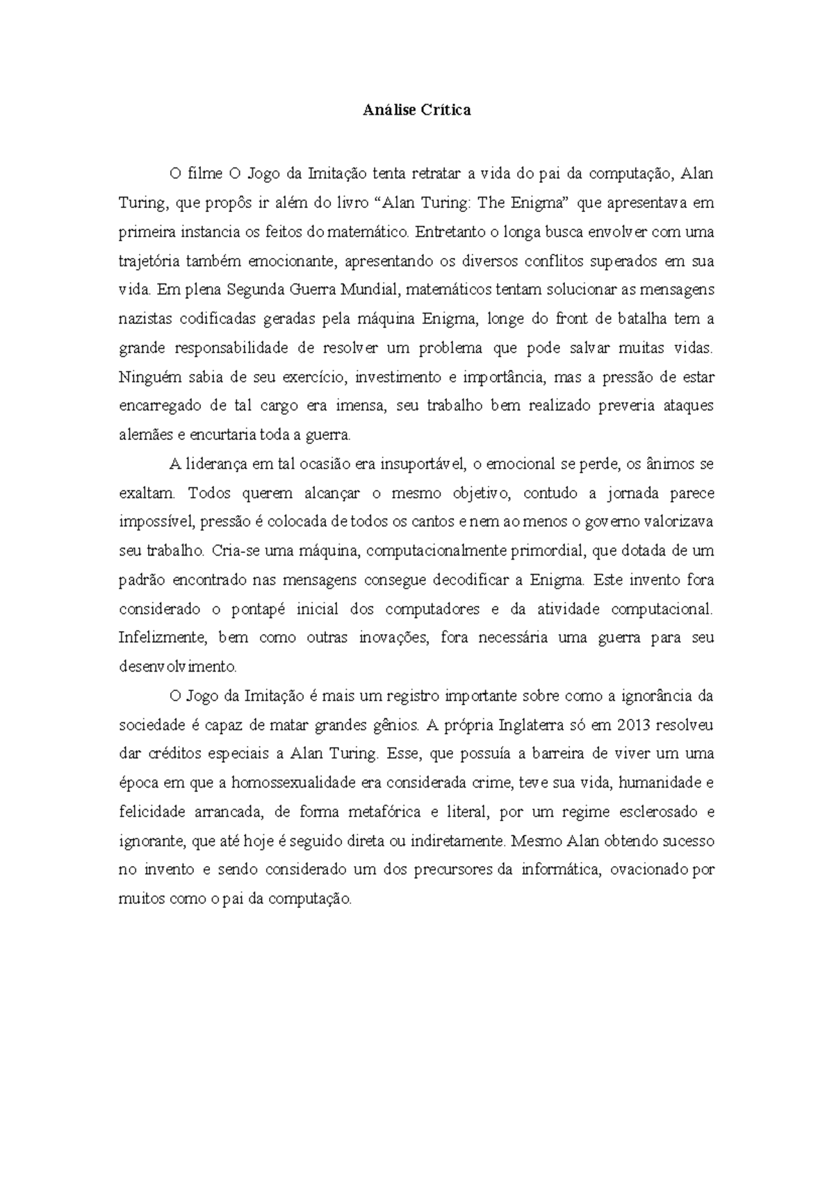 Análise Crítica: O Jogo da Imitação e a Vida de Alan Turing - Studocu