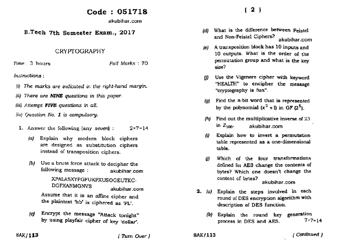 Btech cse 7 sem 2017 - Question Paper - Cryptography And Network ...