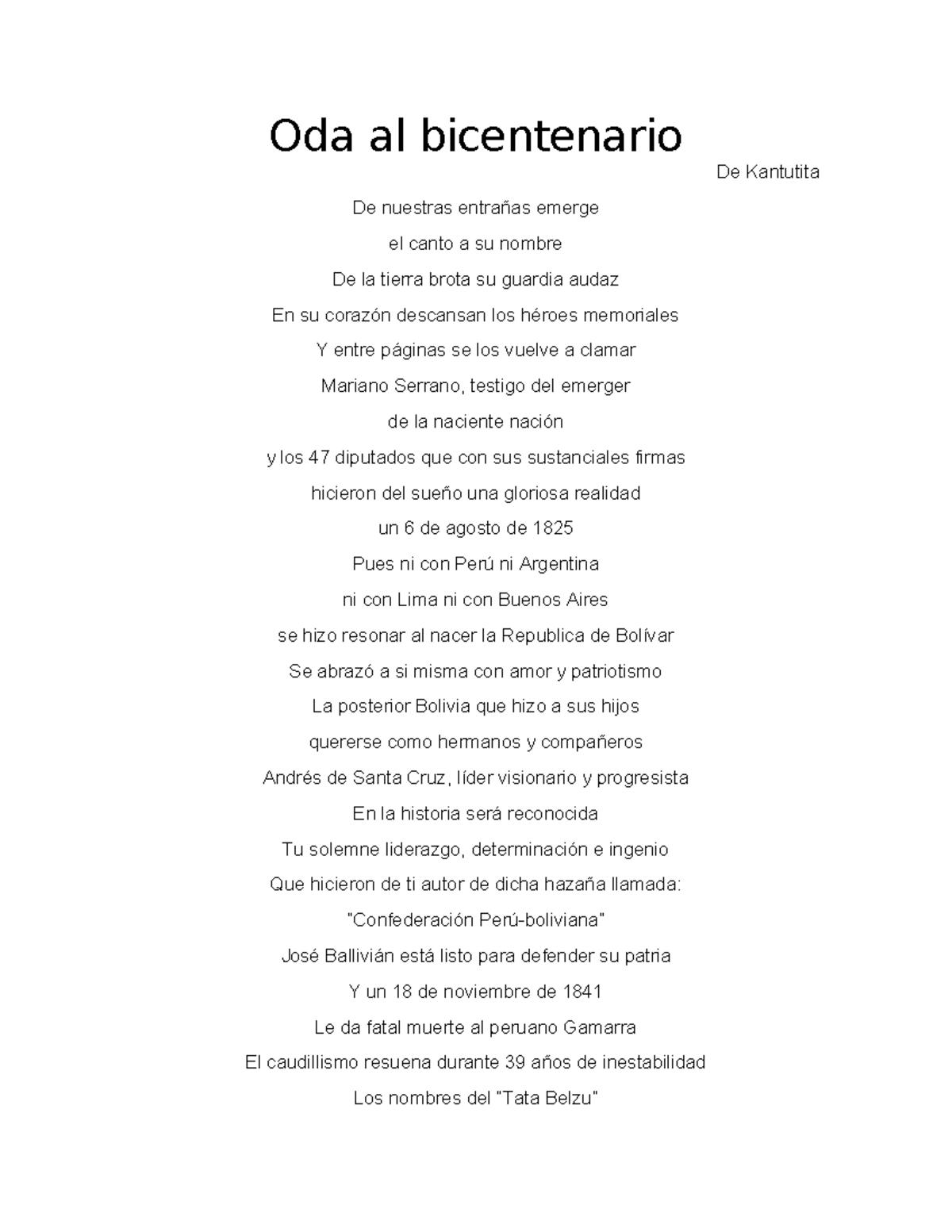 Oda al Bicentenario: Poesía Patriotica para Tarea Escolar - Studocu