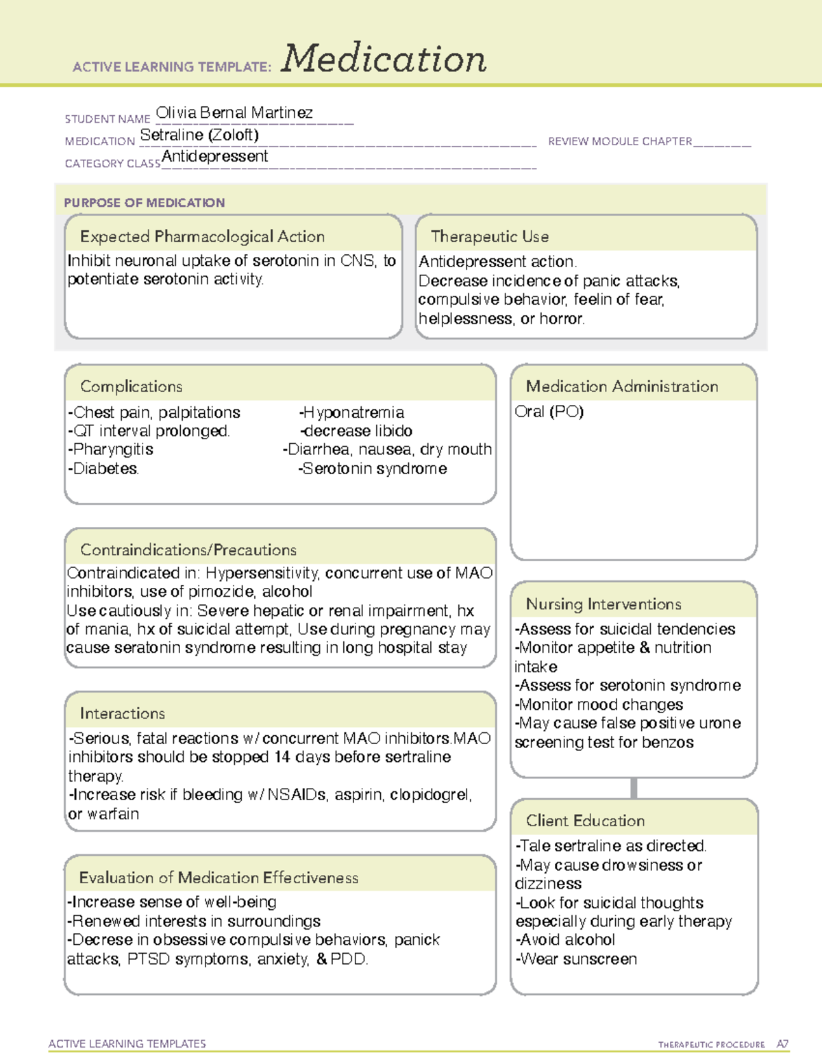 Setraline Medication Card - Active Learning Template A - Studocu