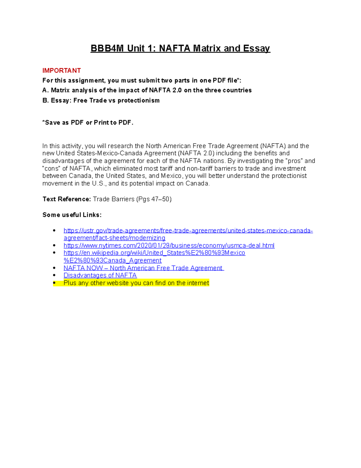 Unit 1: NAFTA 2.0 Matrix & Essay on Free Trade vs Protectionism - Studocu