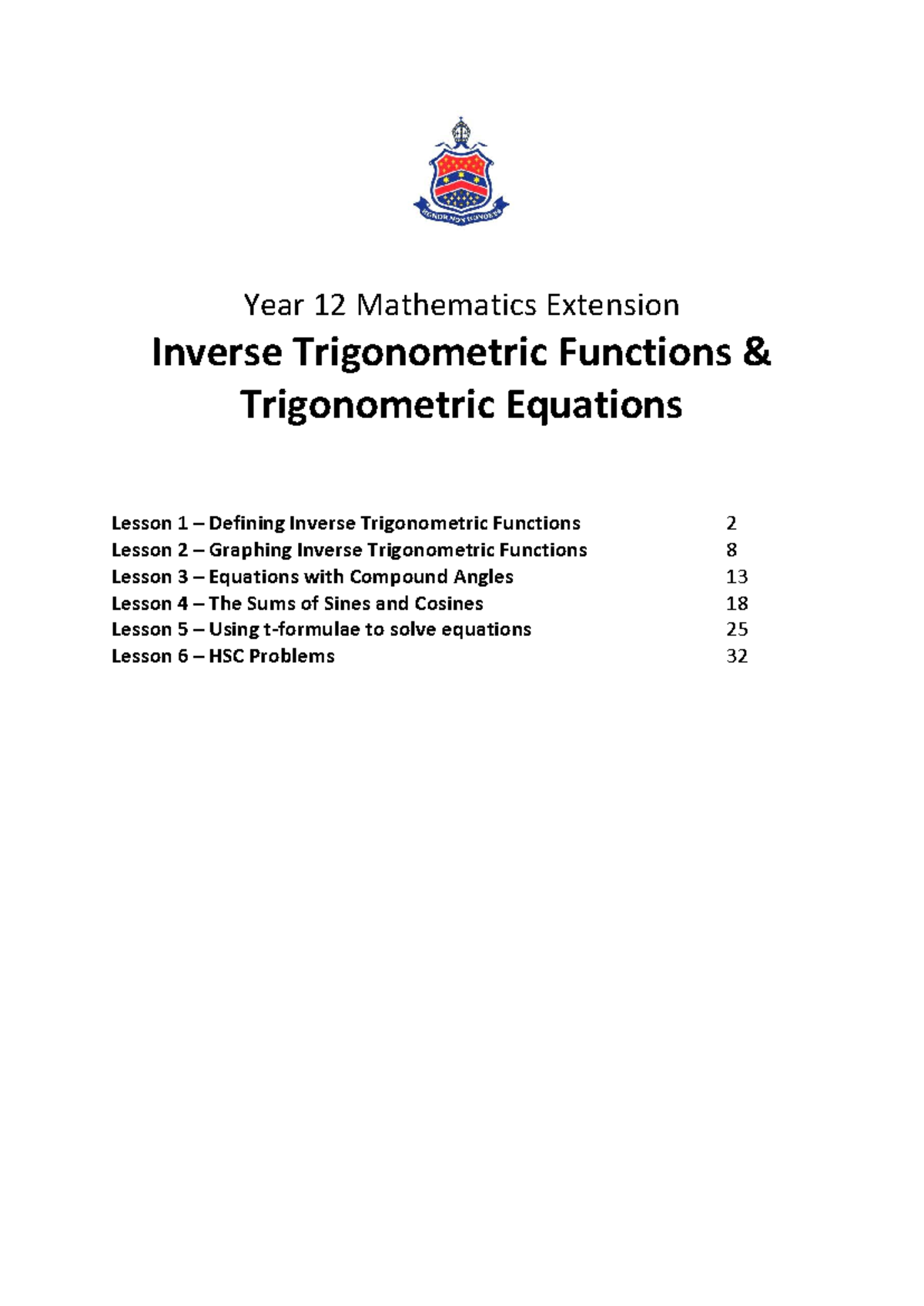 Year 12 Mathematics Extension: Inverse Trigonometric Functions ...