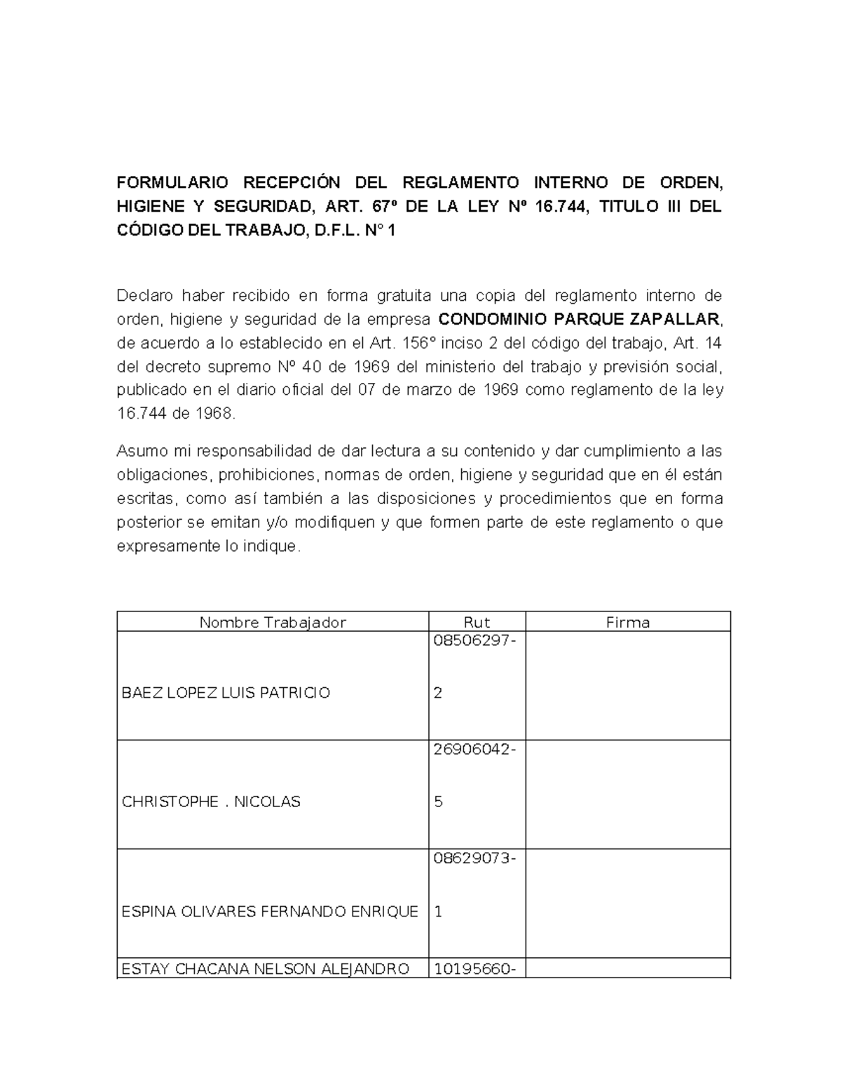 Formulario de Recepción del Reglamento Interno de Seguridad y Orden ...