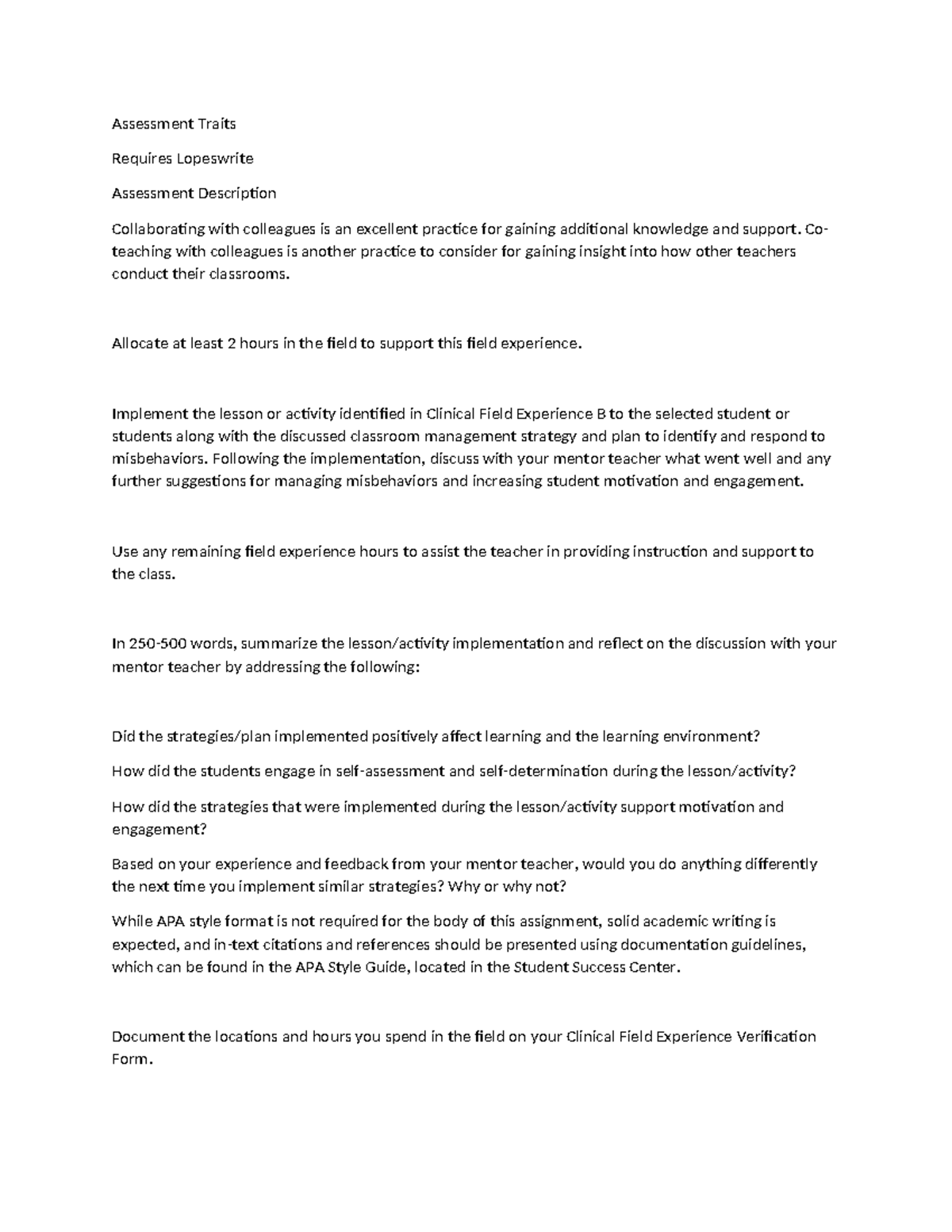 EDU 450: Assessment Traits Field Experience Reflection Assignment - Studocu