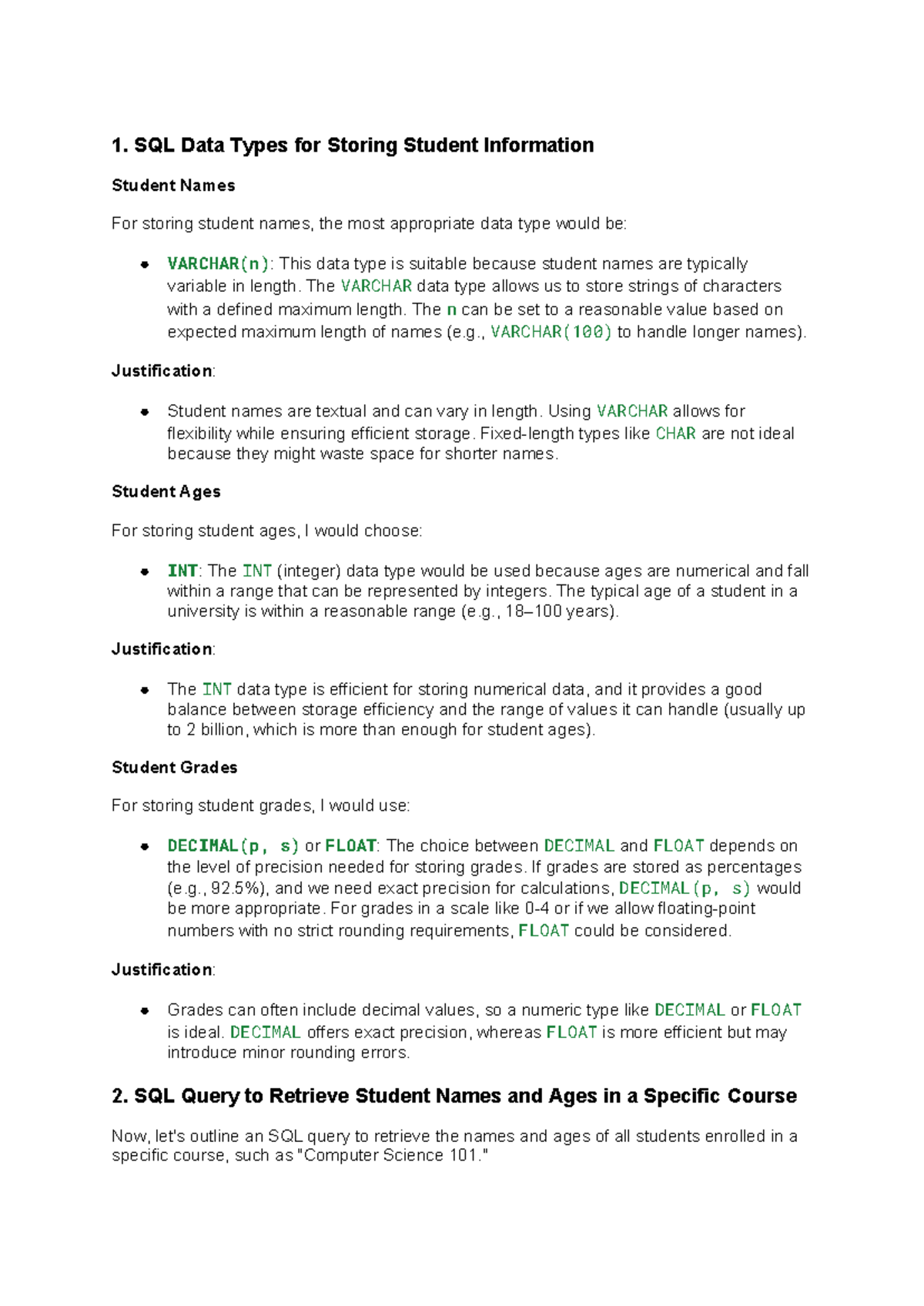 DA4 - Discussion Assignment: SQL Data Types for Student Info - Studocu
