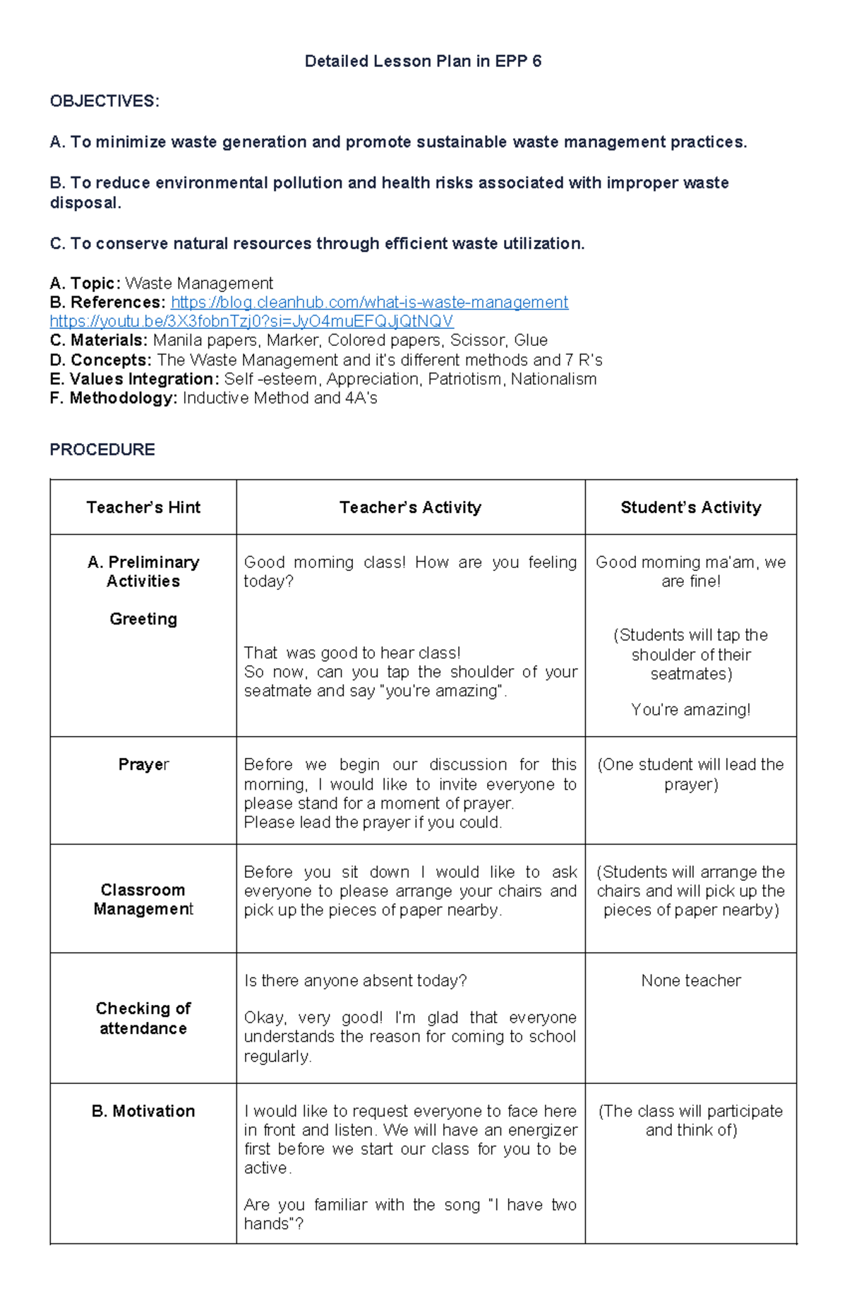 Final Detailed Lesson Plan on Waste Management in EPP 6 - Studocu