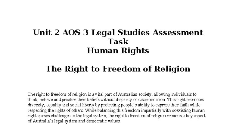 Unit 2 AOS 3 Legal Studies: Human Rights & Freedom of Religion - Studocu
