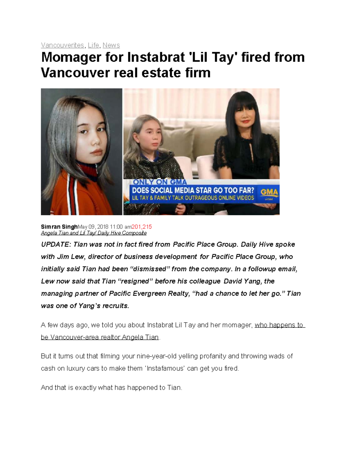 Vancouver News: Lil Tay's Momager Angela Tian Fired from Real Estate ...