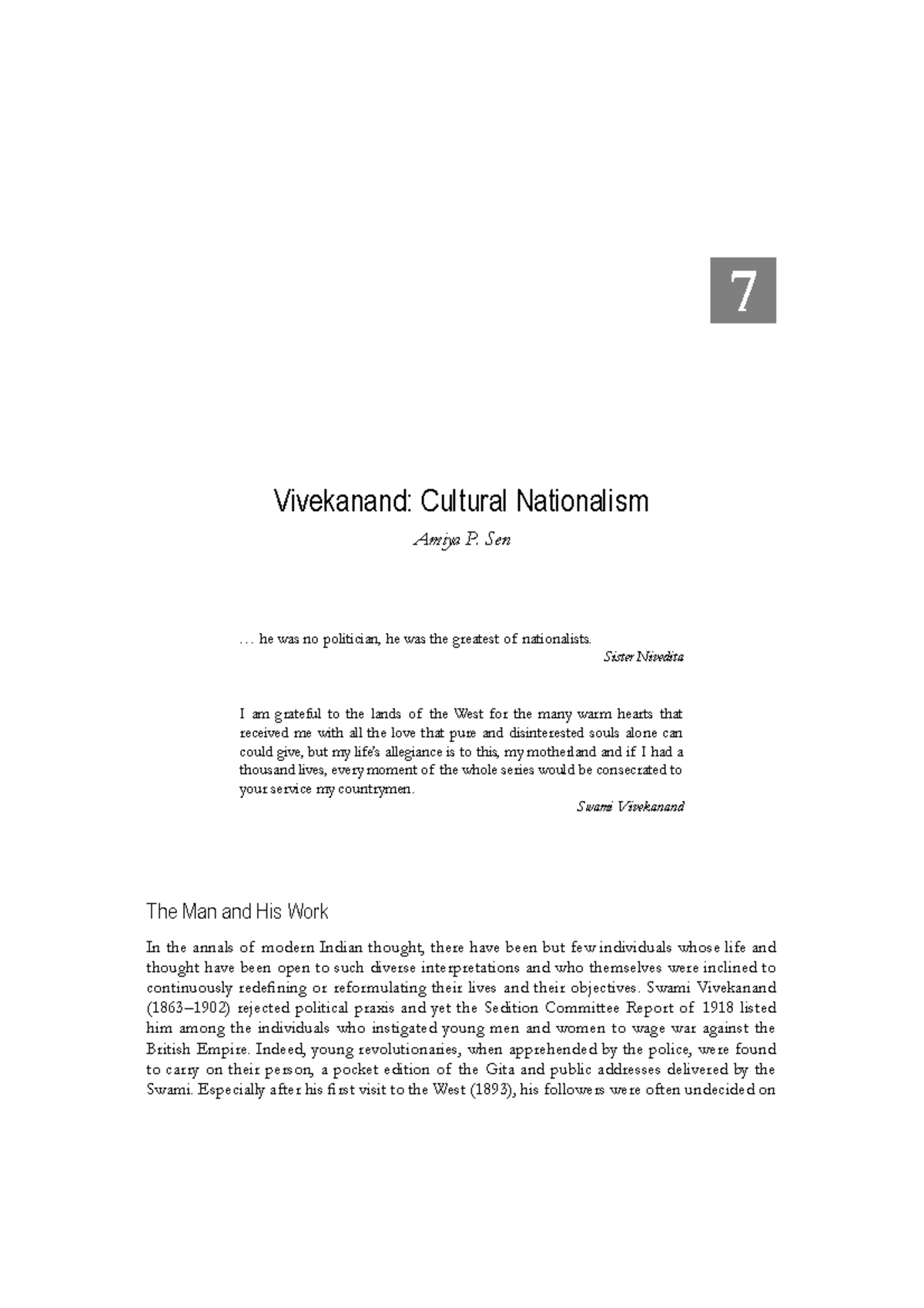 Swami Vivekananda: Cultural Nationalism and His Legacy (Course Code: 7 ...