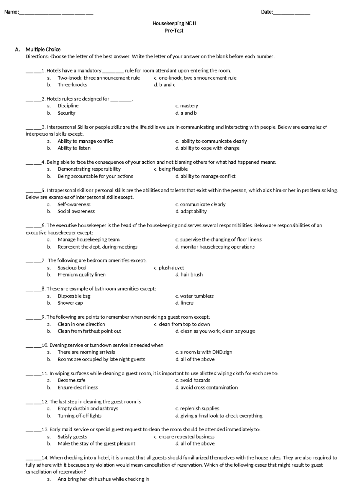 HSK NC II A. Housekeeping Pre-Test: Multiple Choice Questions - Studocu