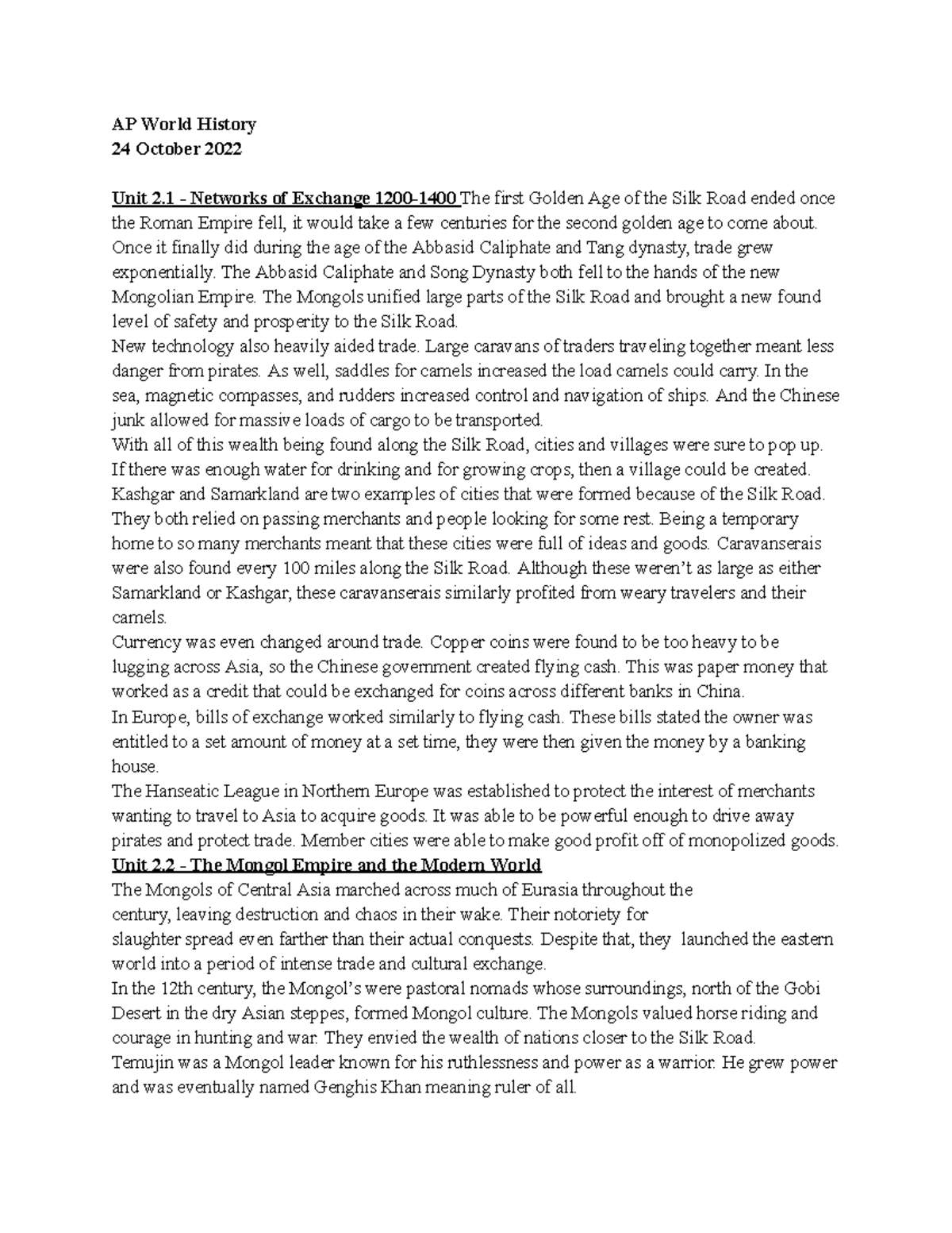 Unit 2 Outline - AP World History: Networks of Exchange & Mongol Impact ...