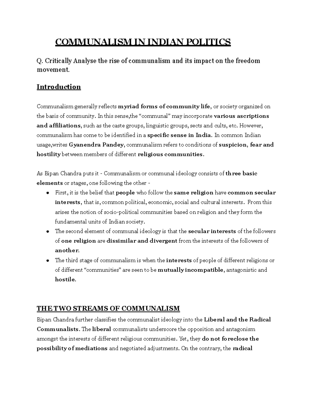 COMMUNALISM IN INDIAN POLITICS: A Critical Analysis - POL SCI GE - Studocu