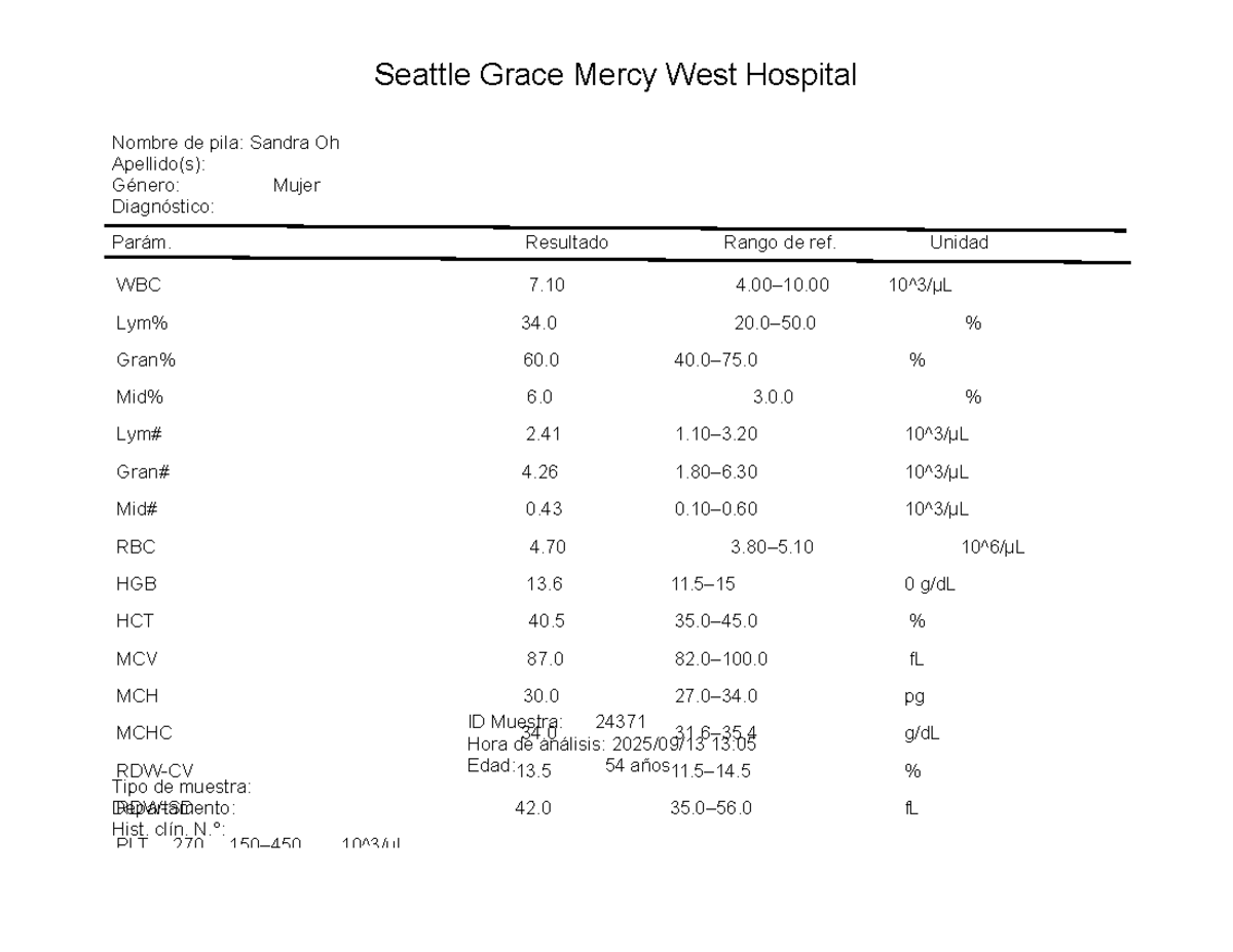 Hemograma normal - Seattle Grace Mercy West Hospital Nombre de pila ...