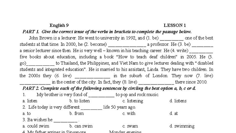 ANH 9 Lesson 1 - Verb Tenses and Sentence Completion Exercises - Studocu