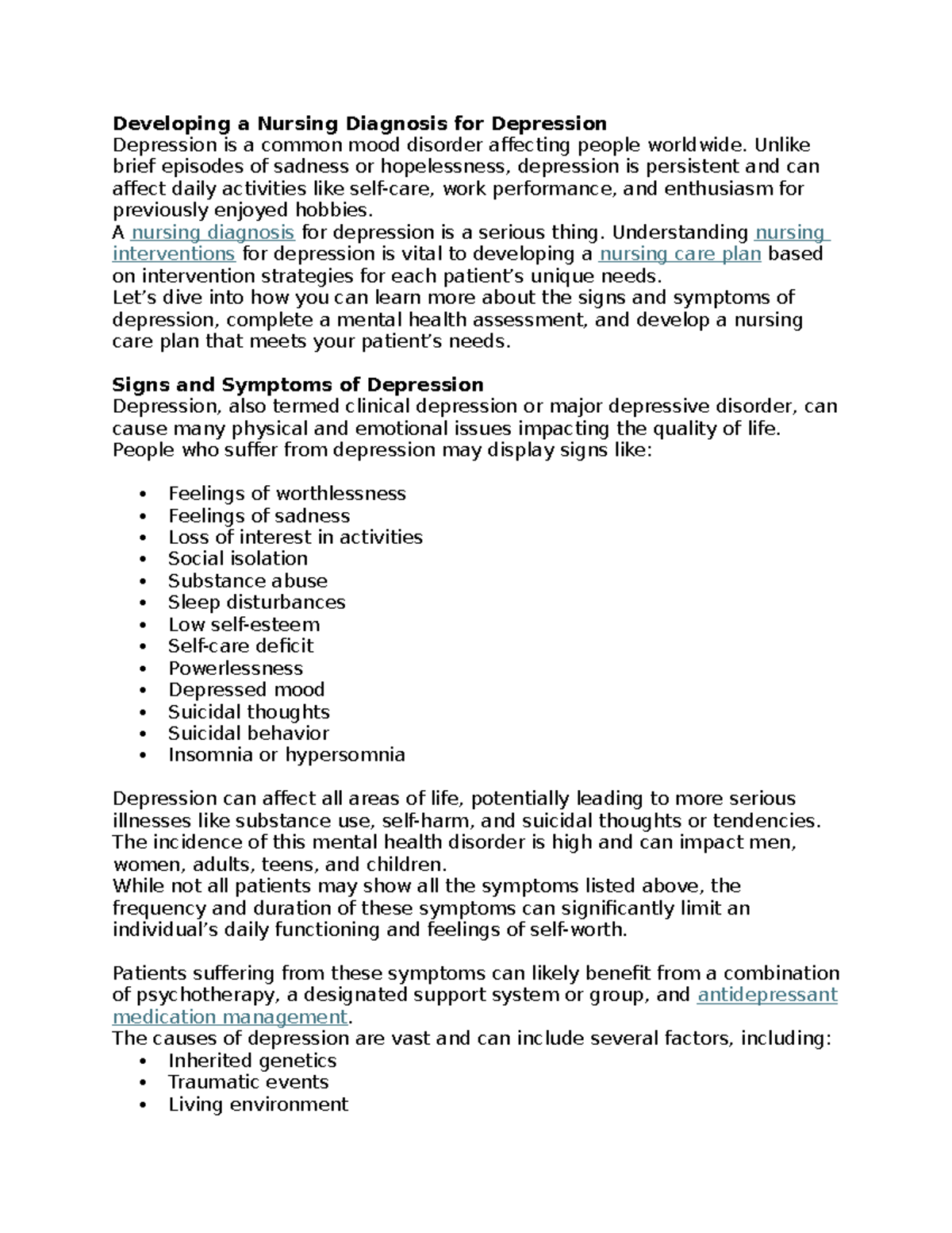 Nursing Diagnosis for Depression: Care Plan & Interventions Guide - Studocu