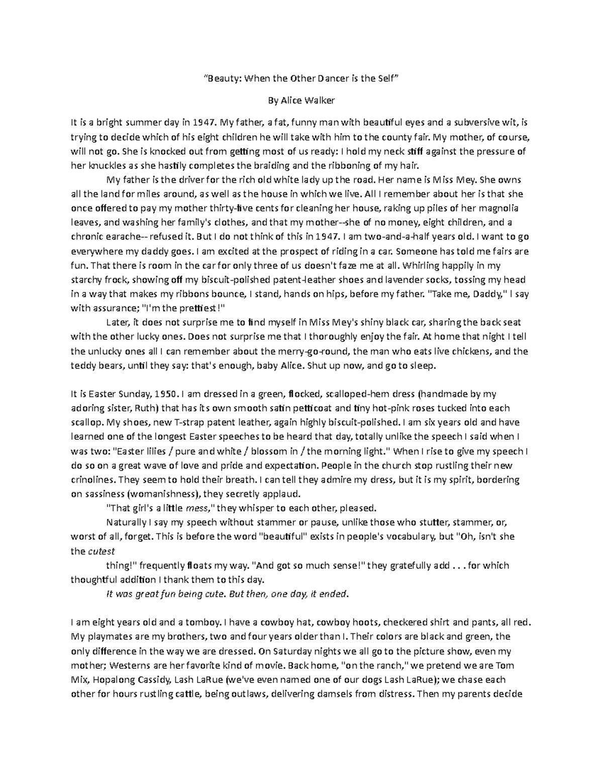 Alice Walker's "Beauty: When the Other Dancer is the Self" Analysis ...