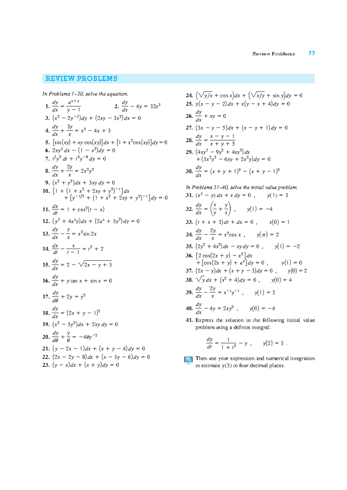 MATH 77: Review Problems and Solutions for Differential Equations - Studocu