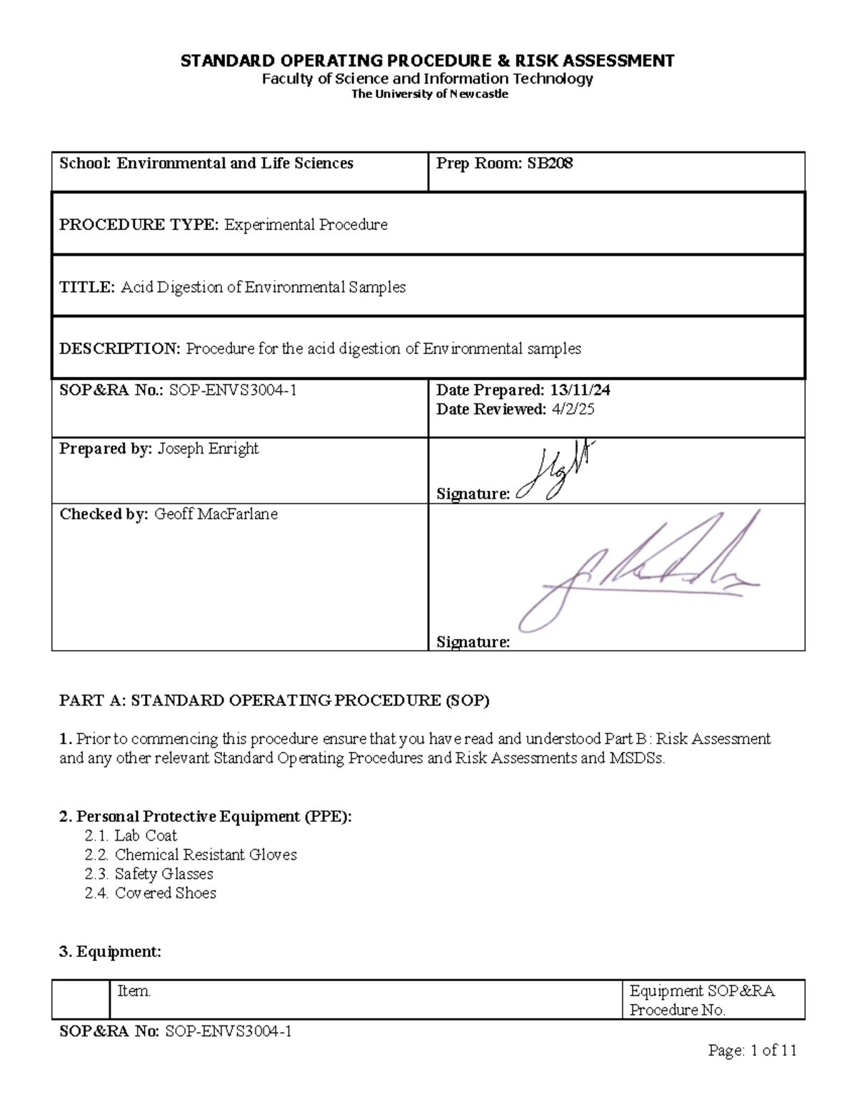 SOP-ENVS3004 Acid Digestion of Environmental Samples Risk Assessment ...