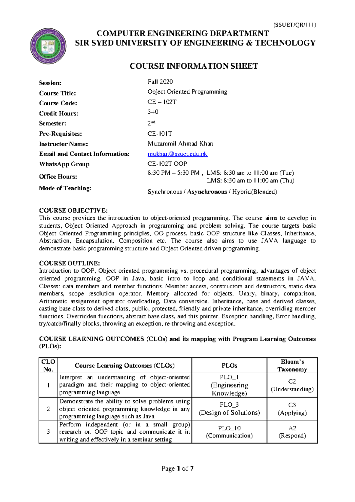 CE 102T Object Oriented Programming Course Overview - Fall 2020 - Studocu