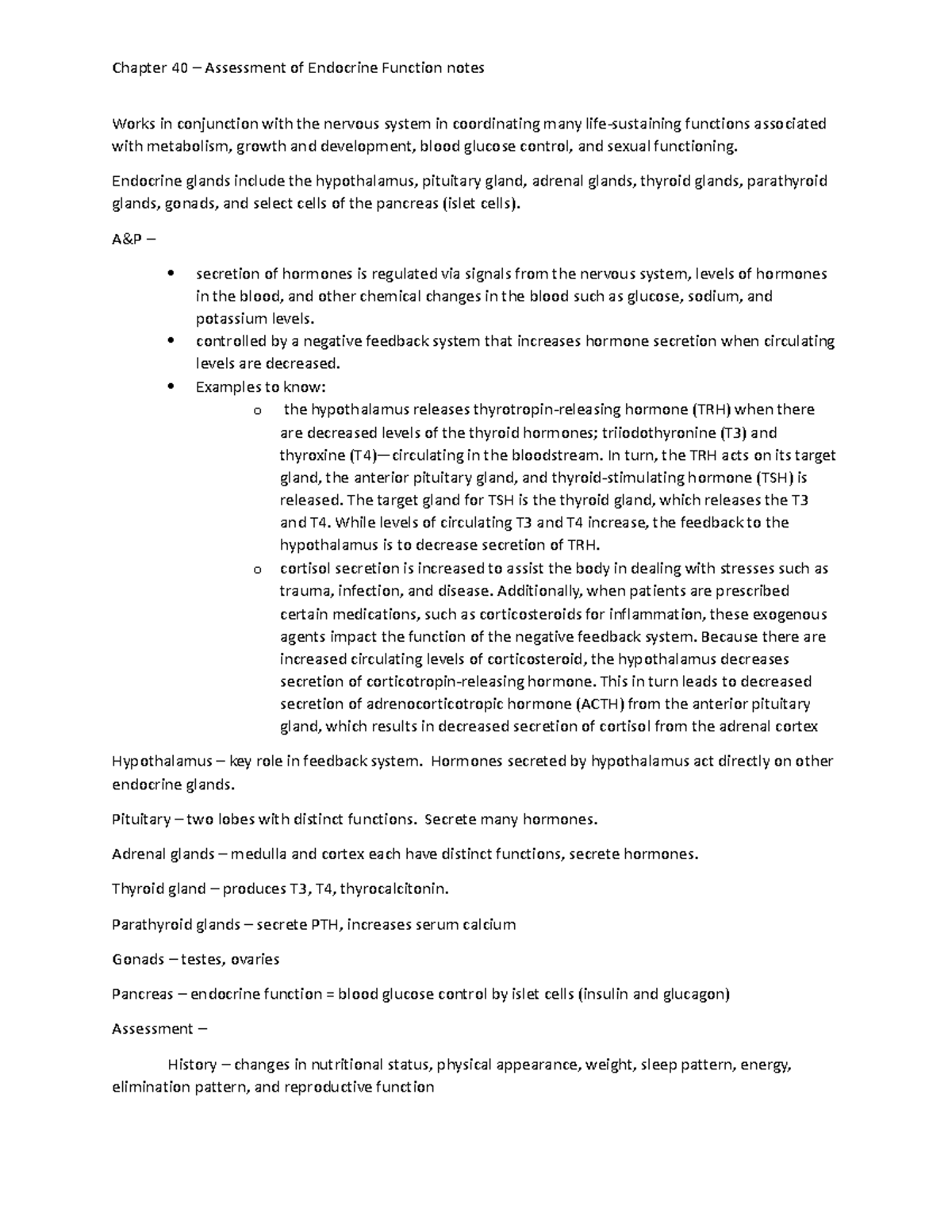 Ch 40 Lecture Notes on Endocrine Function Assessment - Studocu