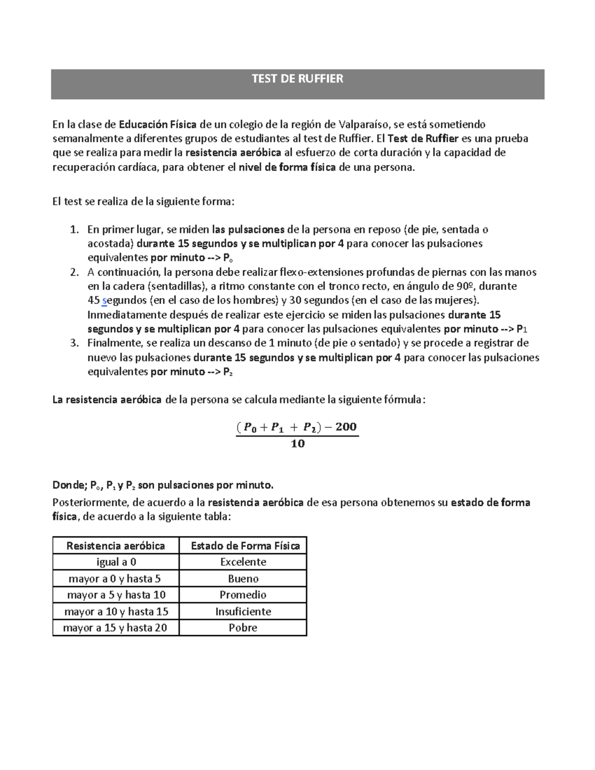 TEST DE RUFFIER - Evaluación de Resistencia Aeróbica en Educación ...