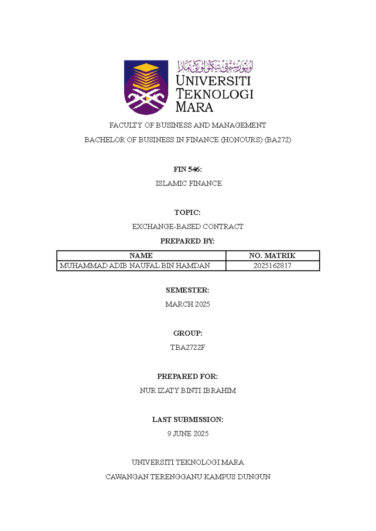 FIN 546: Islamic Finance Contract Analysis by Muhammad Adib - Studocu
