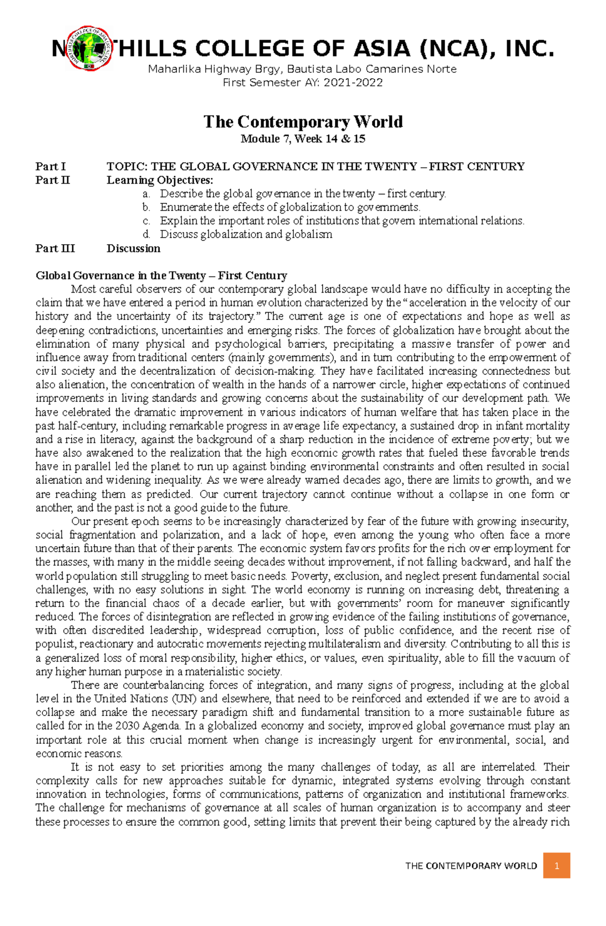 The Contemporary World Final Exam: Global Governance in Weeks 14-15 ...
