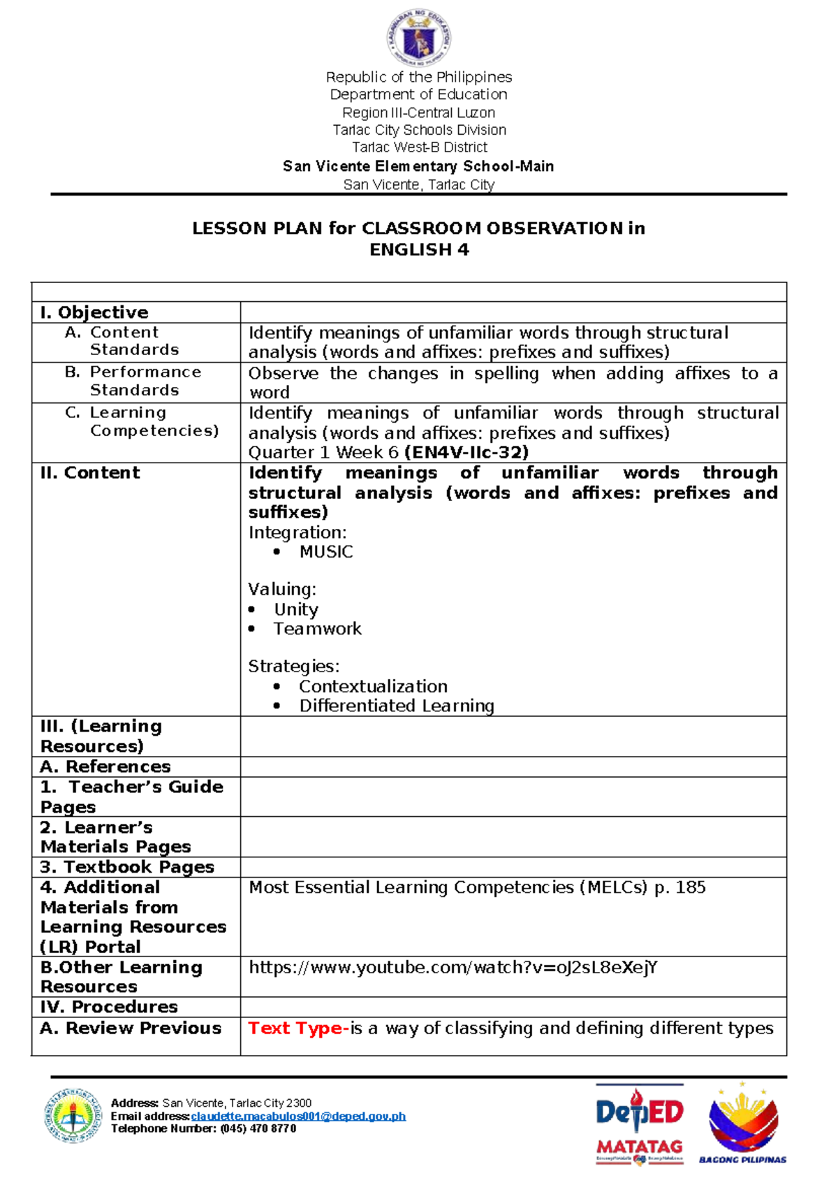 COT1 English 23-24: Lesson Plan for Classroom Observation in English 4 ...