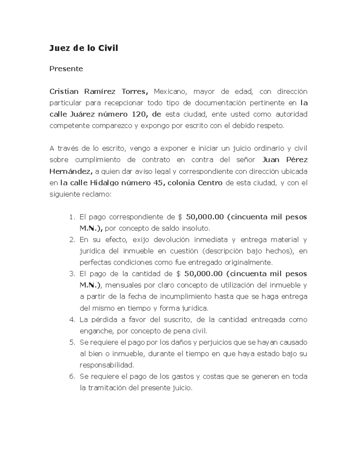 Demanda Civil Ordinaria - Cristian Ramírez Torres vs. Juan Pérez ...