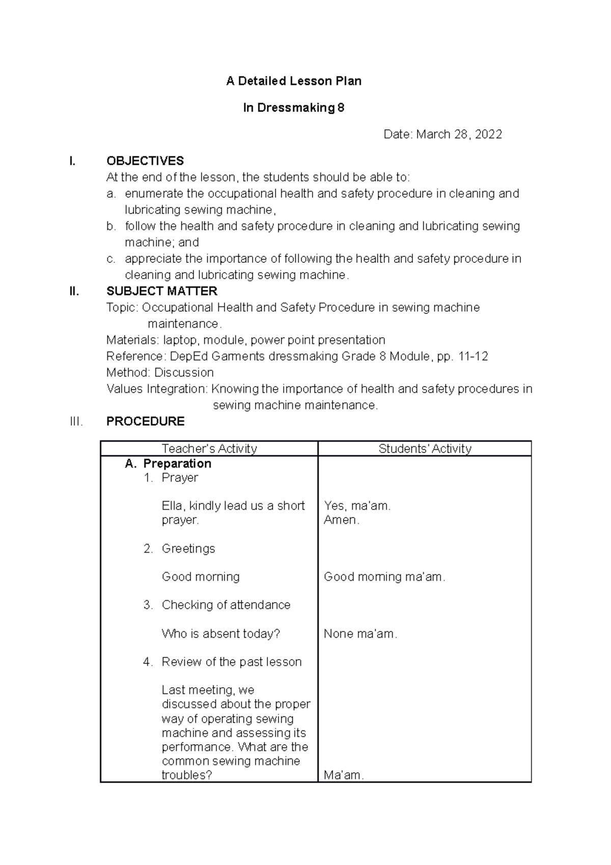 A Detailed Lesson Plan 1 - A Detailed Lesson Plan In Dressmaking 8 Date ...