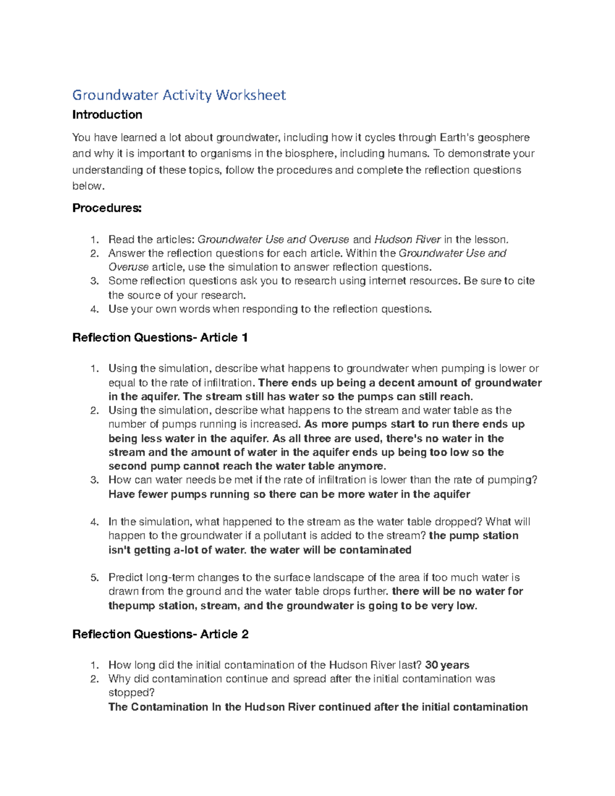 Groundwater Activity Worksheet (3.02) - Understanding Aquifers and ...
