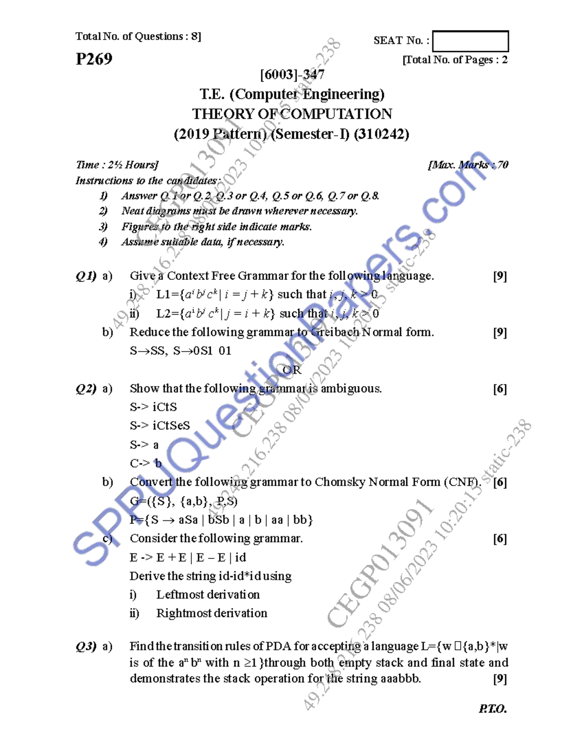 Theory of computation (310242) exam paper for computer engineering ...