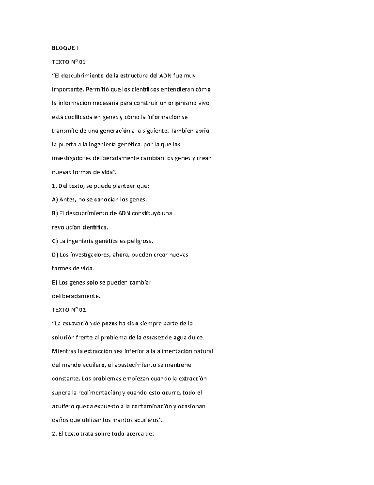 Comprension DE Textos - ....... - BLOQUE I TEXTO N° 01 “El descubrimiento de la estructura del ...