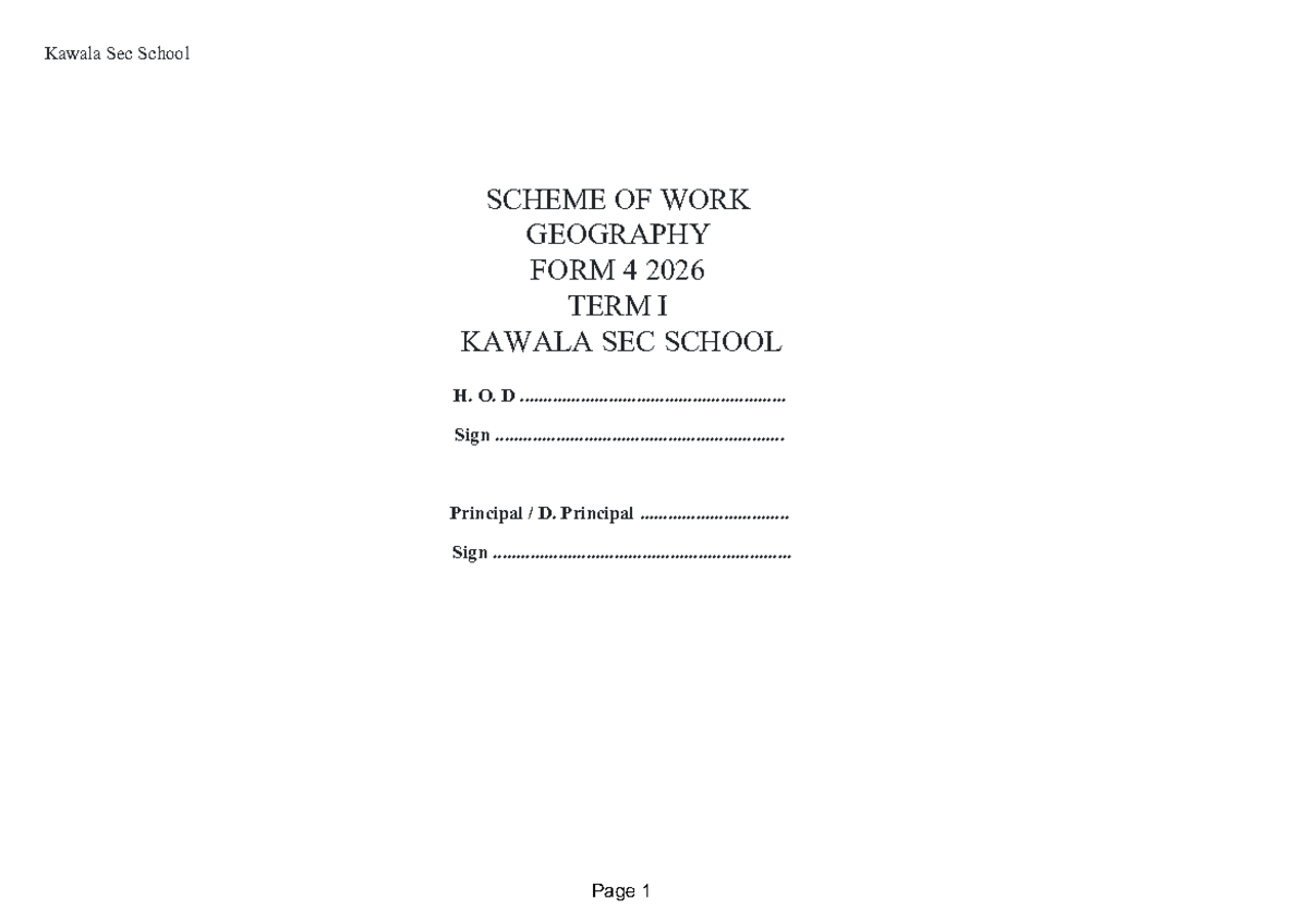 Kawala Sec School Geography Form 4 Term I Scheme of Work 2026 - Studocu
