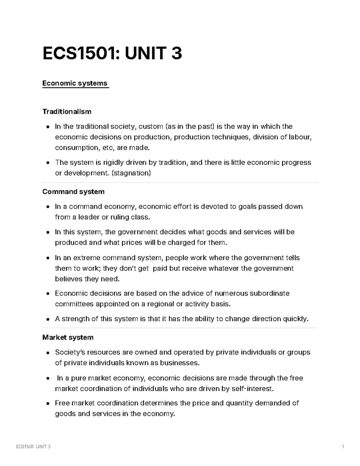 ECS1501: UNIT 3 Summary of Economic Systems and Traditionalism - Studocu