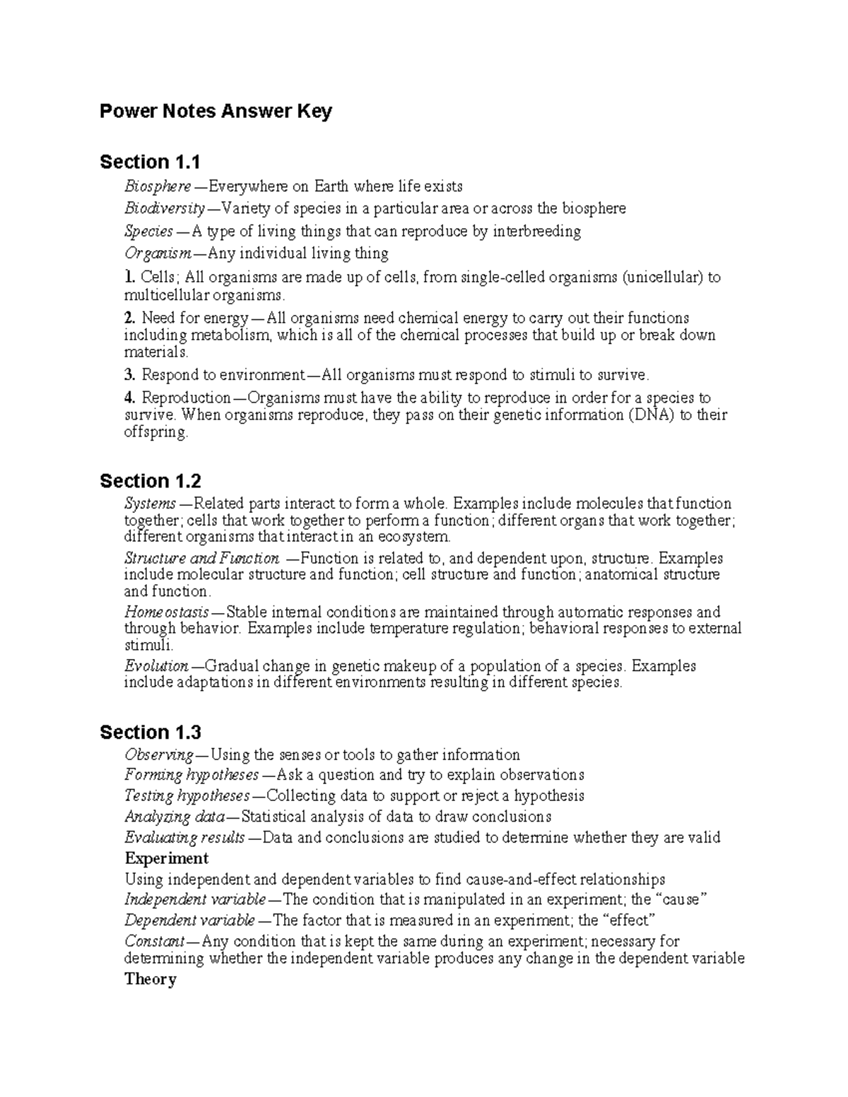 Power Notes Answer Key: Earth and Life Concepts (Biology 101) - Studocu