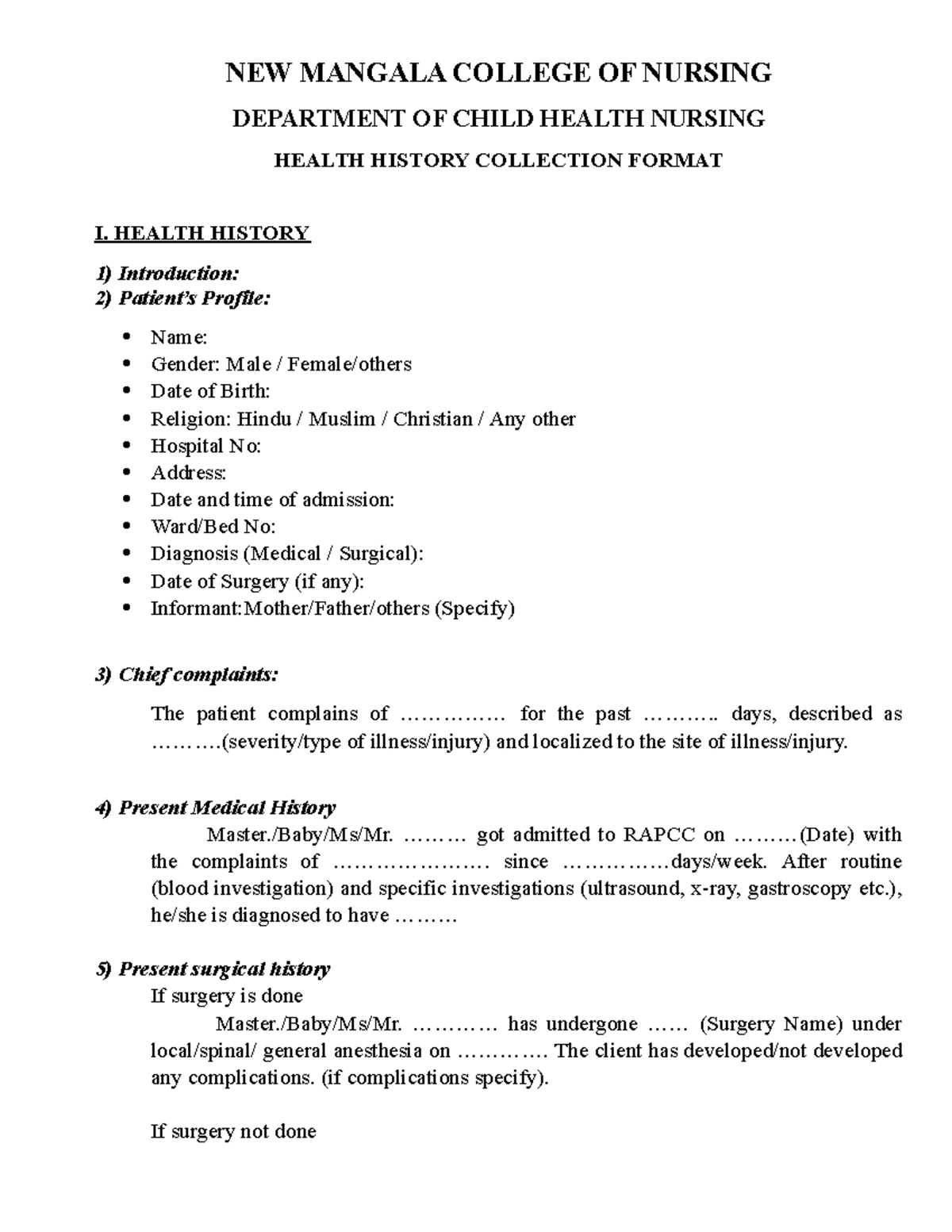Child Health Nursing Health History Physical Assessment Format Chn