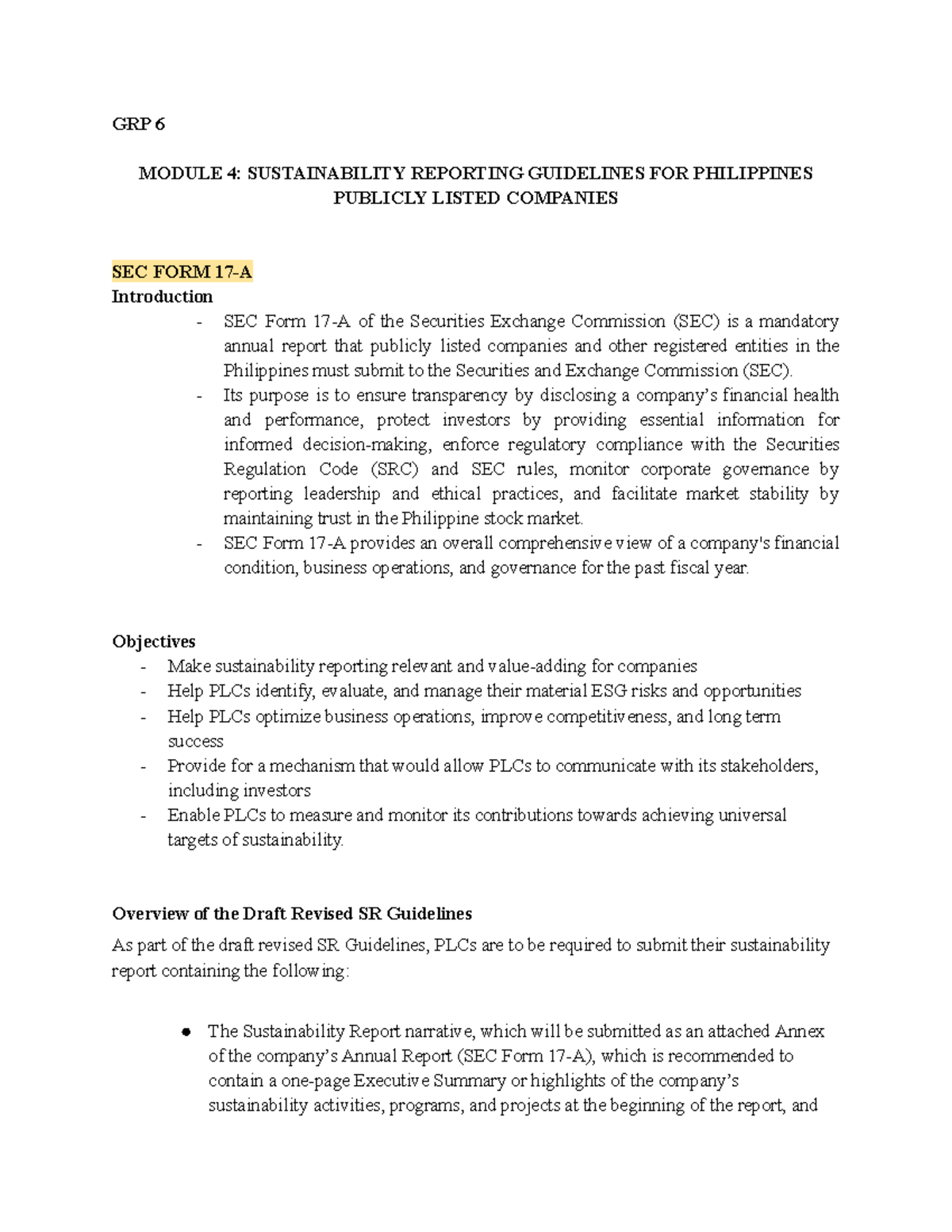 SUSTAINABILITY REPORTING GUIDELINES FOR PLCs: GRP 6 PDF Notes - Studocu