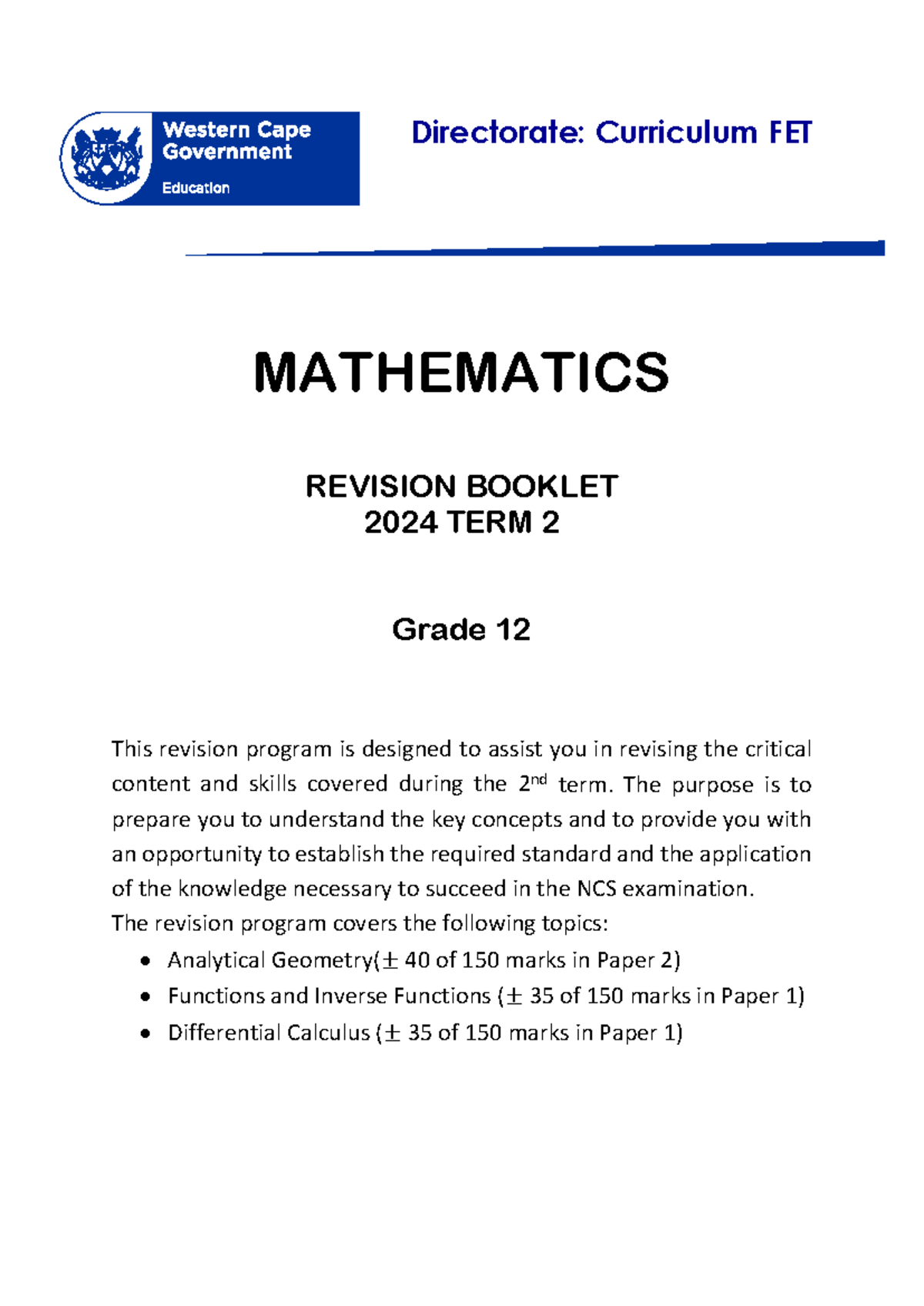 2024 Math GR 12 TERM 2 Analytical Geometry Revision Notes - Studocu