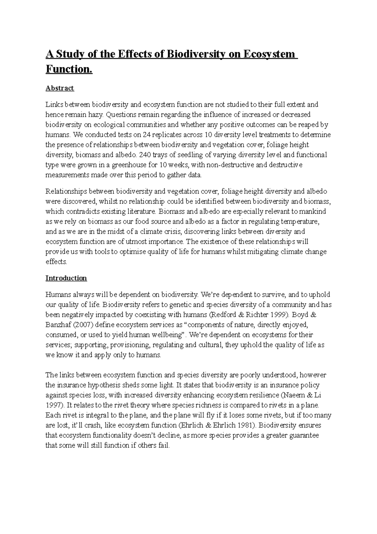BIOL123: Impact of Biodiversity on Ecosystem Function and Stability ...